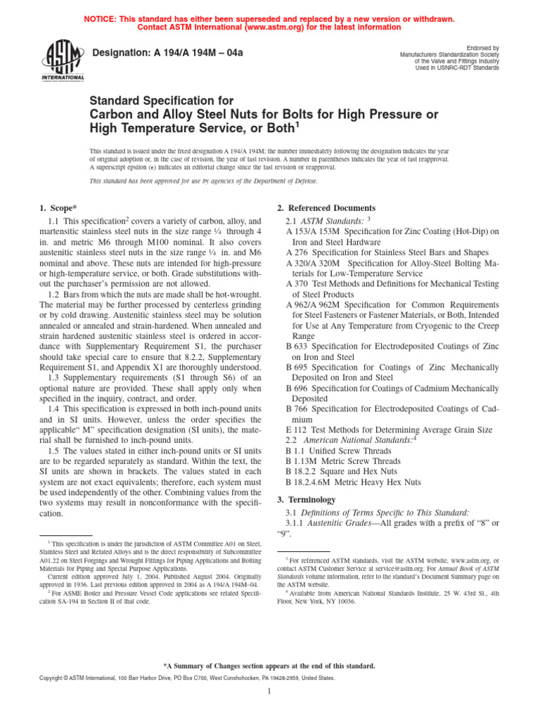 ASTM A194A194M - 04a | PDF | Steel | Nut (Hardware)