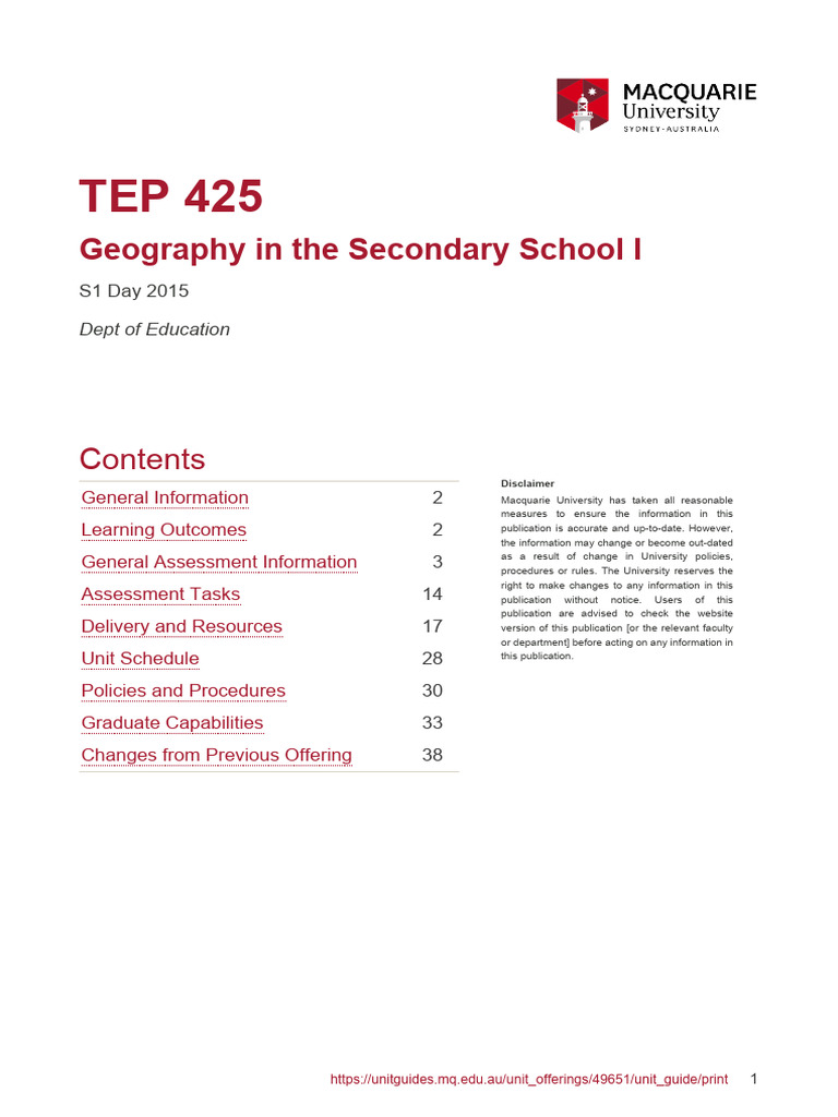 Unit - Guide - TEP 425 - 2015 - S1 Day | PDF | Inquiry Based Learning | Curriculum