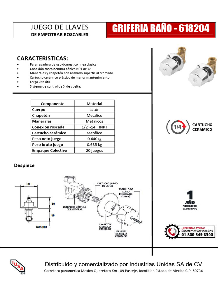 FT Valvula P Regadera 618204 | PDF | Tap (Válvula)