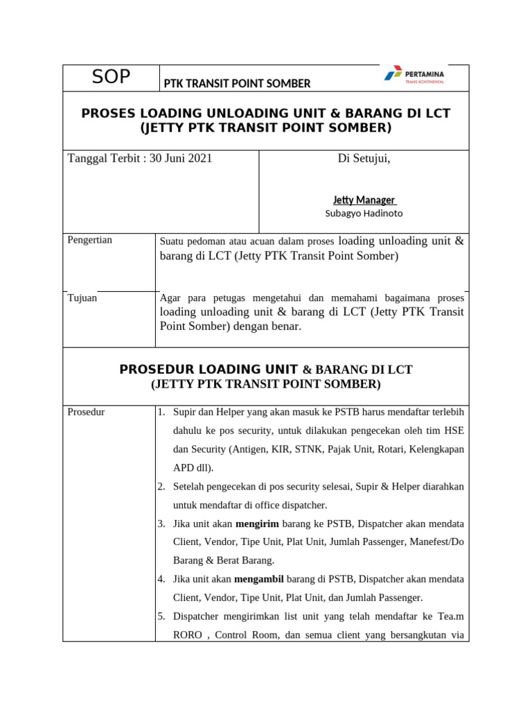 SOP Kegiatan Loading Unloading Unit Dan Barang Ke LCT Di Jetty PTK Transit Point Somber | PDF