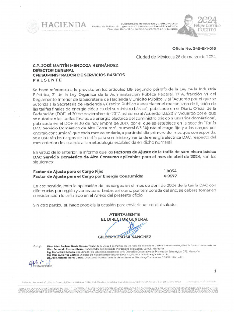 Oficio SHCP 349 B 1 016 Tarifa DAC Abril 2024 | PDF