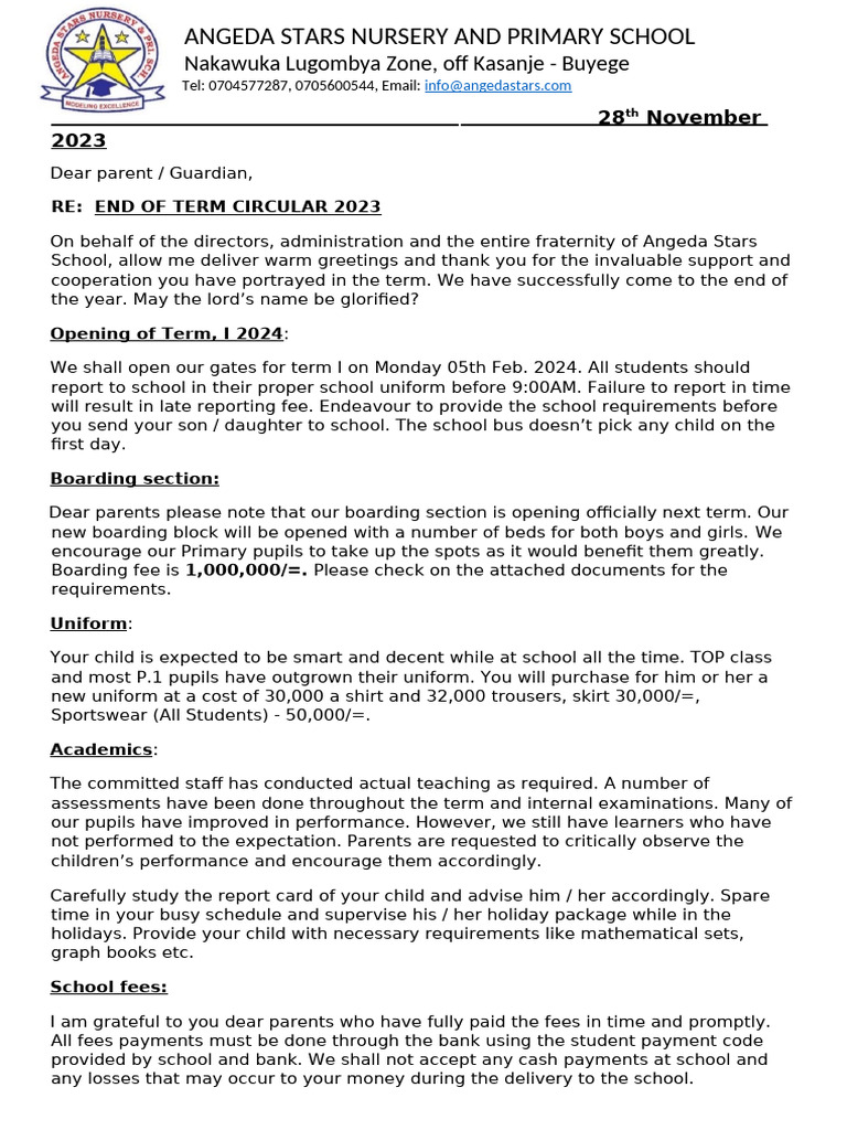 End of Term 3 Circular 2023 | PDF | Payments | Fee