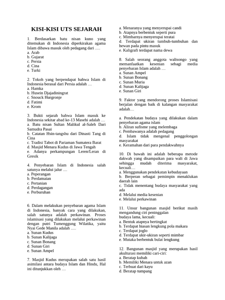 SOAL SEJARAH MASUKNYA ISLAM KE INDONESIA Untuk Kis-Kisi | PDF