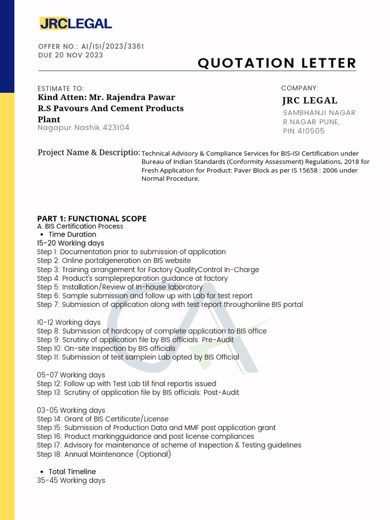 R.S Pavours and Cement Products Plant Bis Quotation Letter | PDF ...