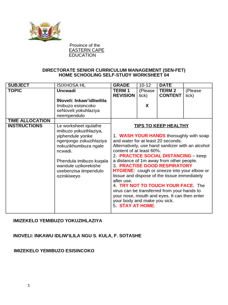 Isixhosa HL GR 12worksheet 4 Revision of Term 01 Novel Inkaw'Idliwilila ...
