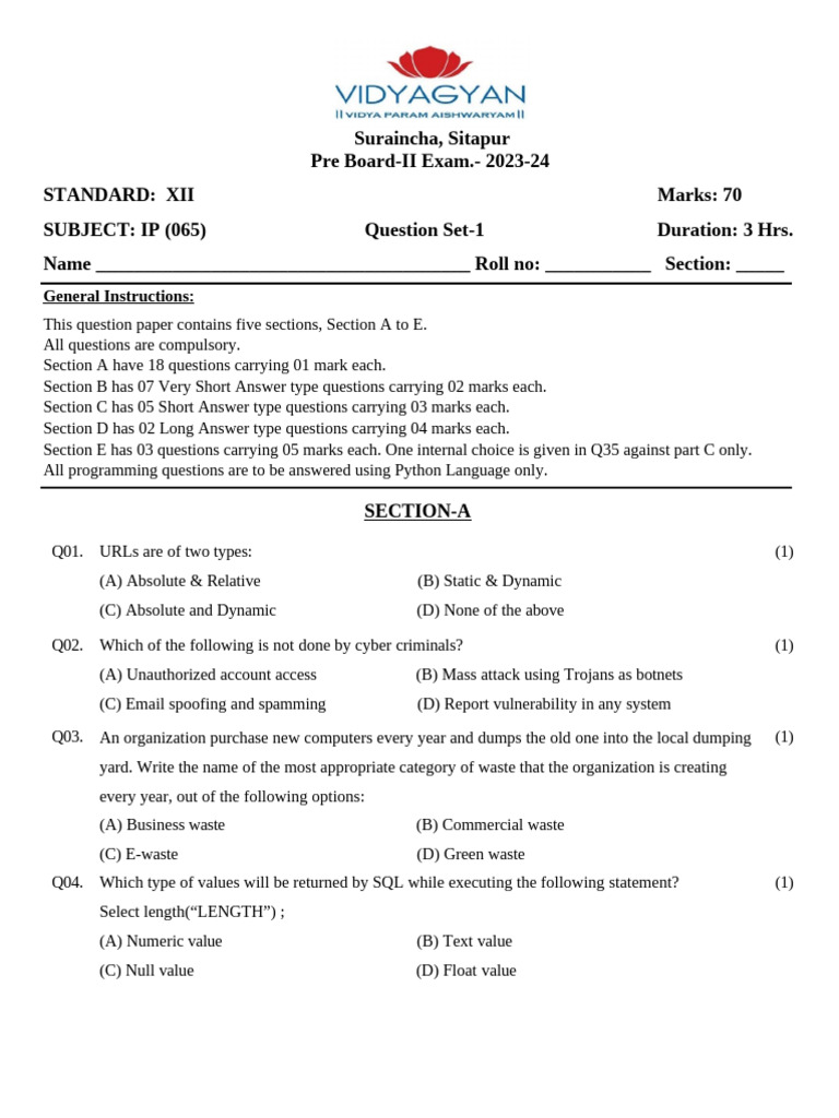 XII-IP-Pre Board - II 2023-24 - Que Set-1 | PDF | Computing