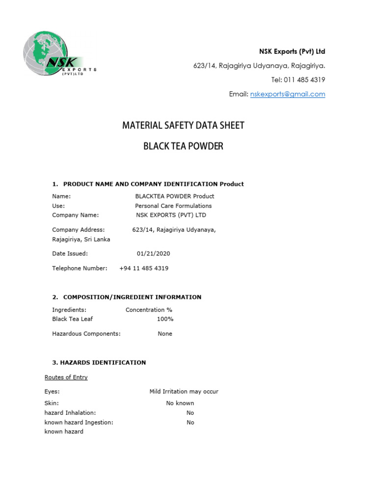 MSDS Black Tea | PDF | Firefighting | Hazards