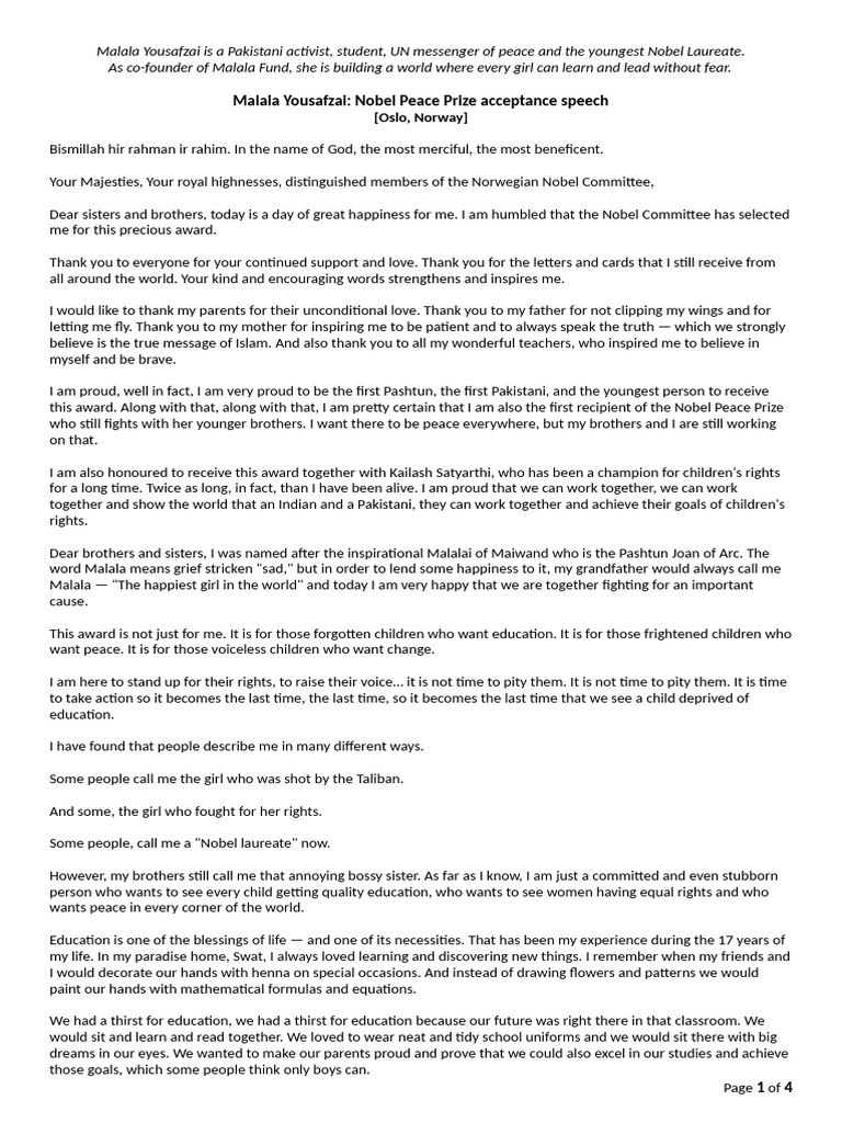 Malala Yousafzai - Nobel Peace Prize Speech | PDF | Malala Yousafzai