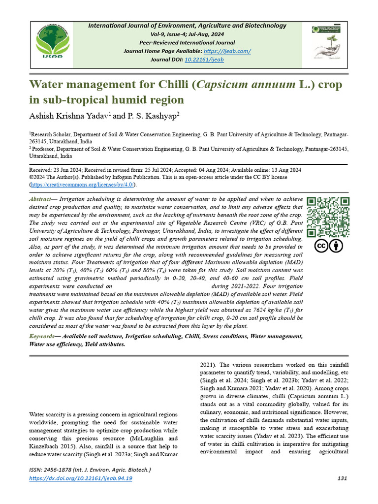 Water Management For Chilli (Capsicum Annuum L.) Crop in Sub-Tropical ...