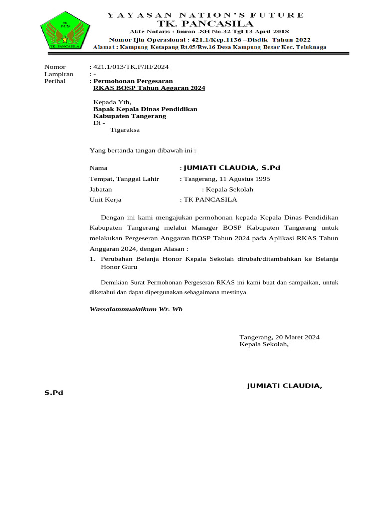 SURAT PERMOHONAN PERGESERAN BOSP TAHUN 2024 KB YPAA | PDF SURAT PERMOHONAN PERGESERAN BOSP TAHUN 2024 KB YPAA | PDF
