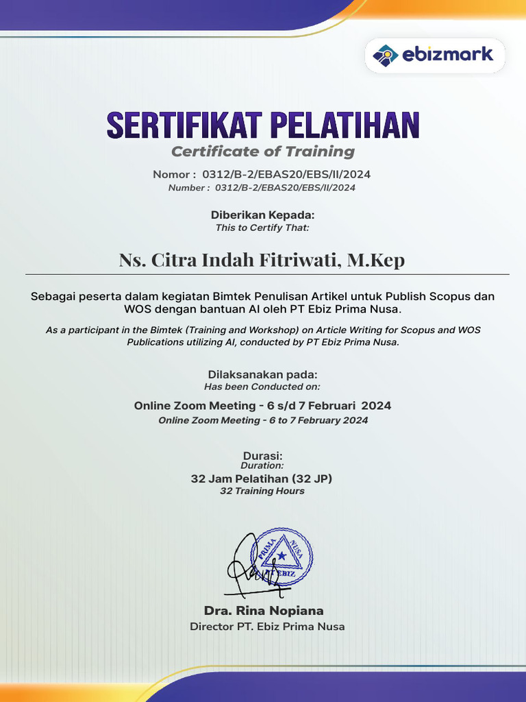 Sertifikat EBAS 20 Ebizmark - Ns. Citra Indah Fitriwati, M.Kep | PDF