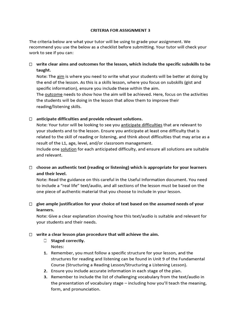 Criteria Checklist A3 | PDF | Lesson Plan | Vocabulary