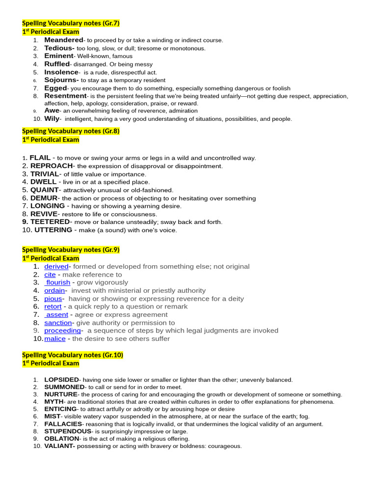 Grade 7-10 Spelling Vocabulary Notes | PDF | Psychology | Emotions