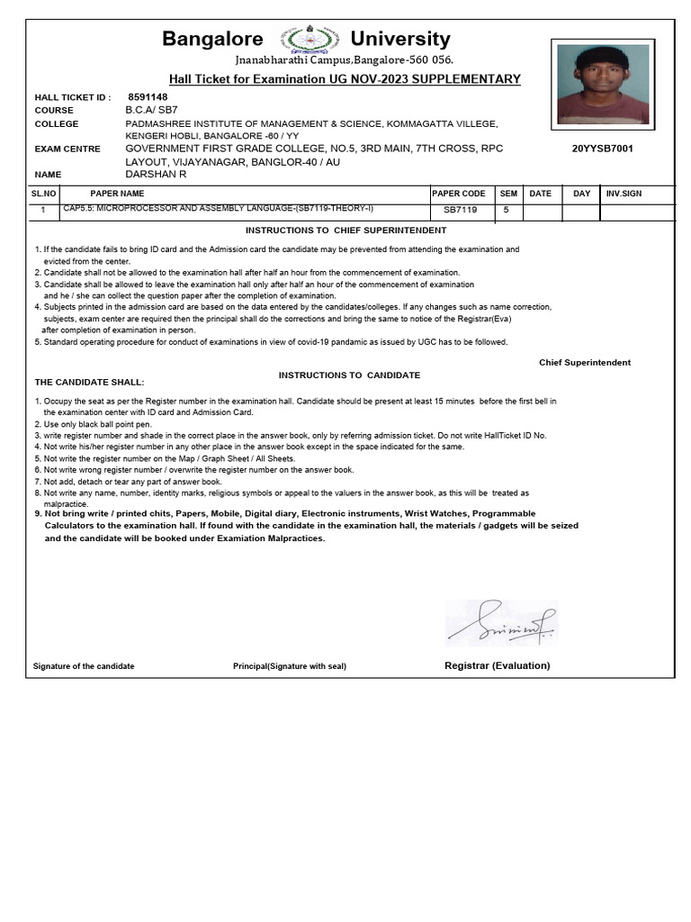 Bangalore University: Hall Ticket For Examination UG NOV-2023 SUPPLEMENTARY | PDF