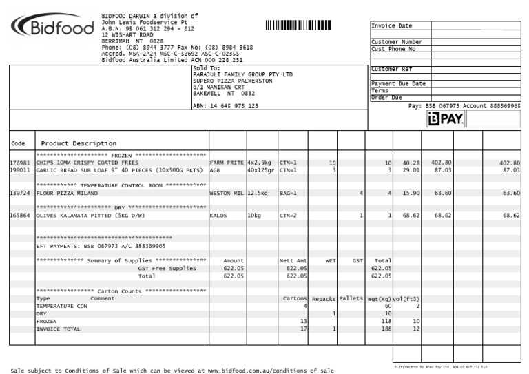 Bidfood Invoice For Customer 369965 I57431045 | PDF