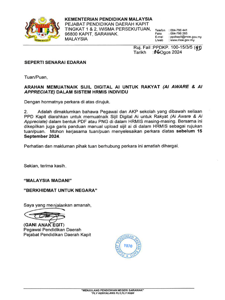Surat Arahan AI HRMIS Sekolah PPD Kapit | PDF