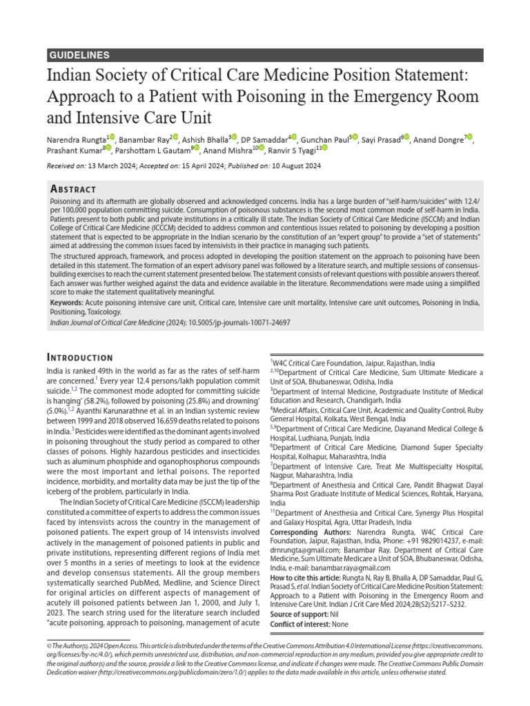 ISCCM Position Statement - Approach To A Patient With Poisoning in The ...