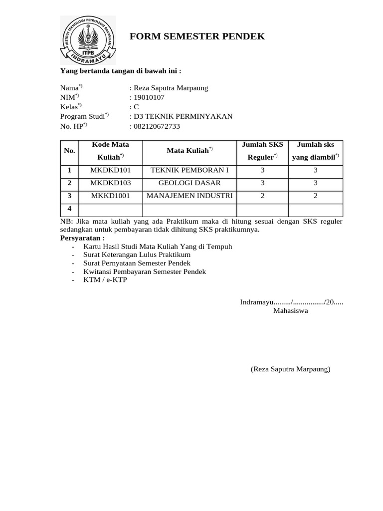 Form Pendaftaran SP Baku. Itpb | PDF