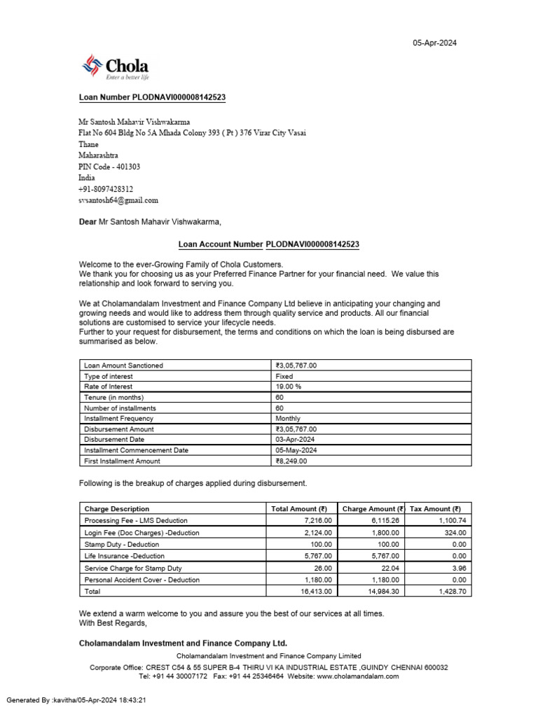 Chola BT Letter - 3 Lac | PDF