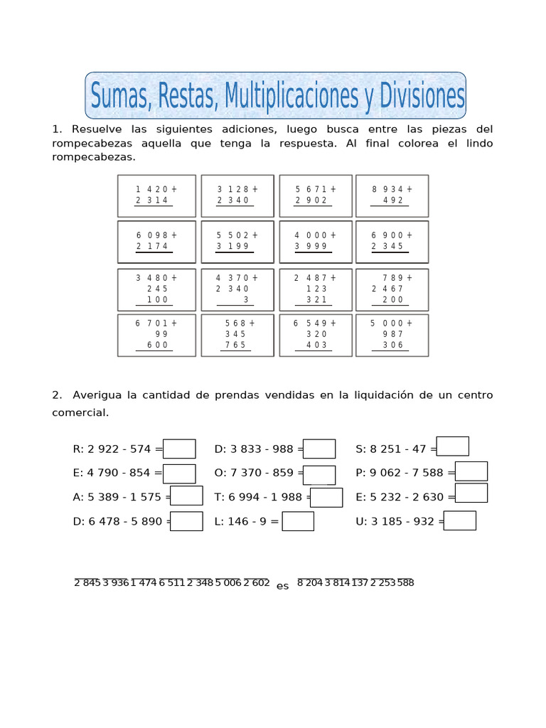 Ficha Sumas Restas Multiplicaciones y Divisiones para Cuarto de ...