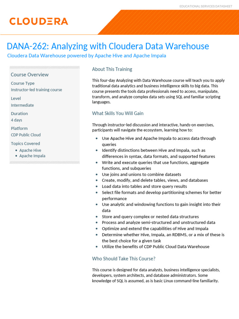 Cloudera - DANA-262: Analyzing With Cloudera Data Warehouse | PDF | Computer Science | Software