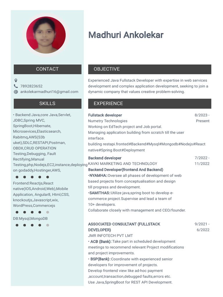 Resume Madhuri Ankolekar | PDF | Java (Programming Language) | World ...