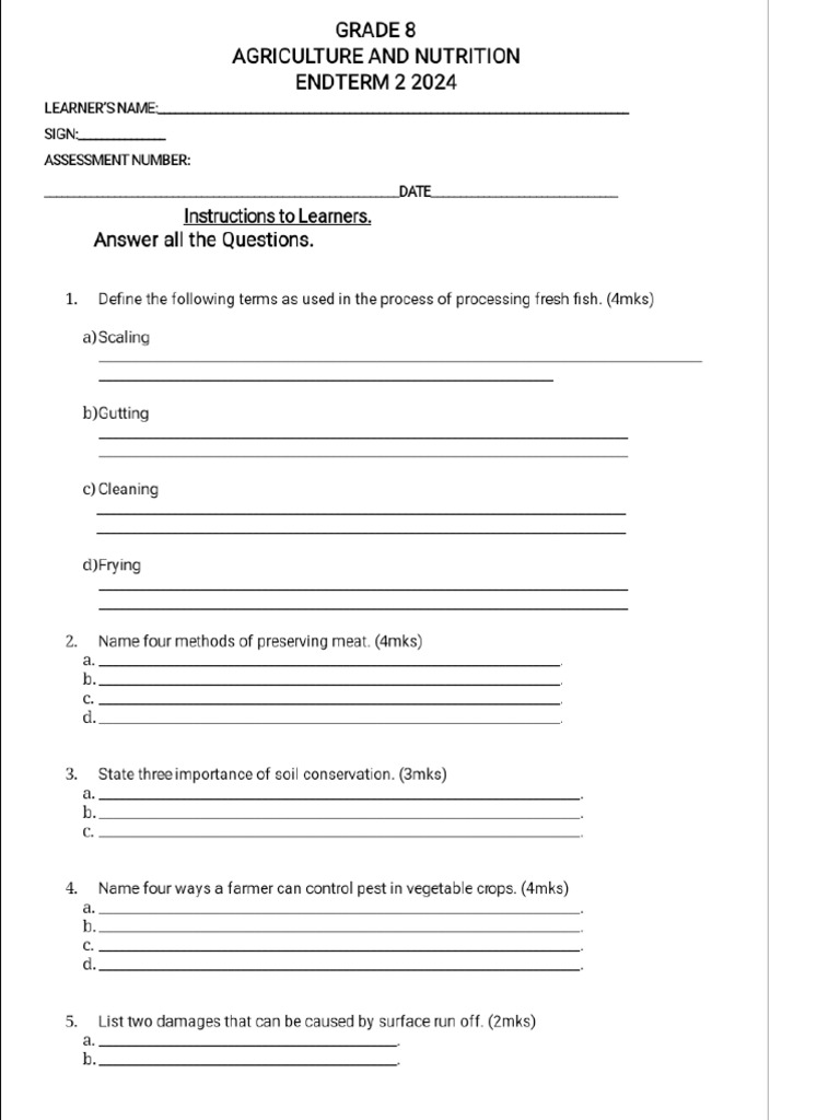 g8 Agriculture '& Nutrition End Term 2 Exam | PDF