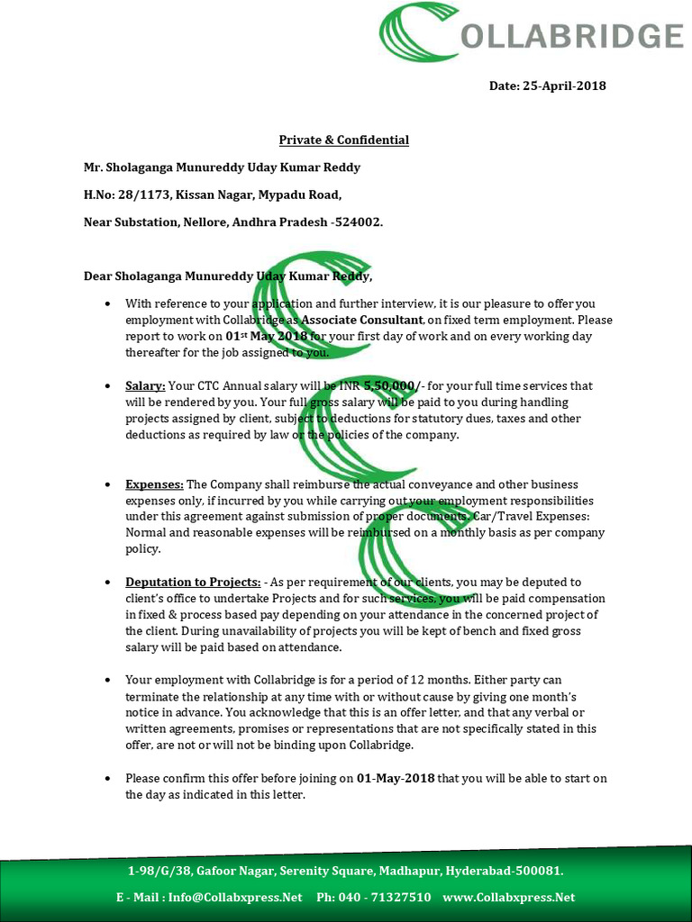 Collabridge Offer Letter | PDF | Employment | Salary