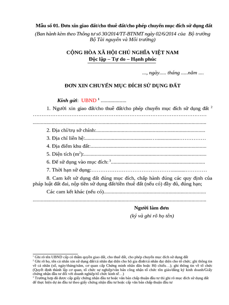 Don Giao Dat - Cho Thue Dat Theo Mau 01 - Ban Hanh Kem Theo Thong Tu 30-2014-TT-BTNMT Ngay 02-6 ...