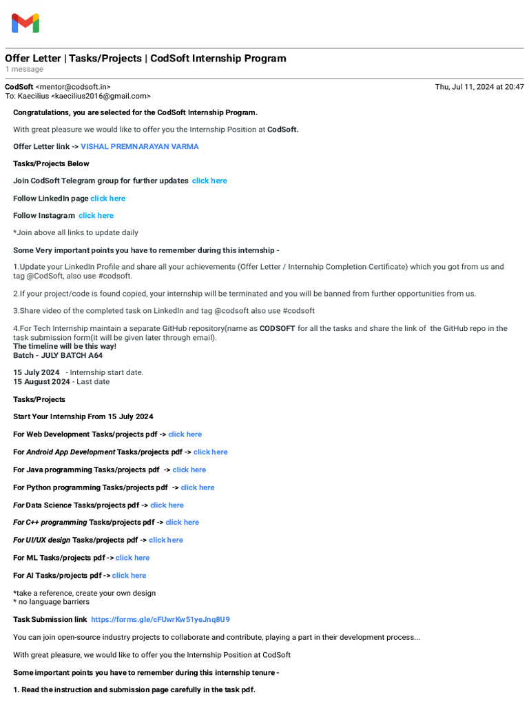 Gmail - Offer Letter - Tasks - Projects - CodSoft Internship Program | PDF | Linked In | Web 2.0