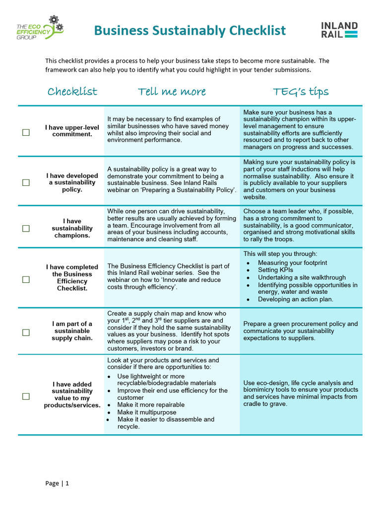 Business Sustainably Checklist | PDF | Sustainability | Supply Chain