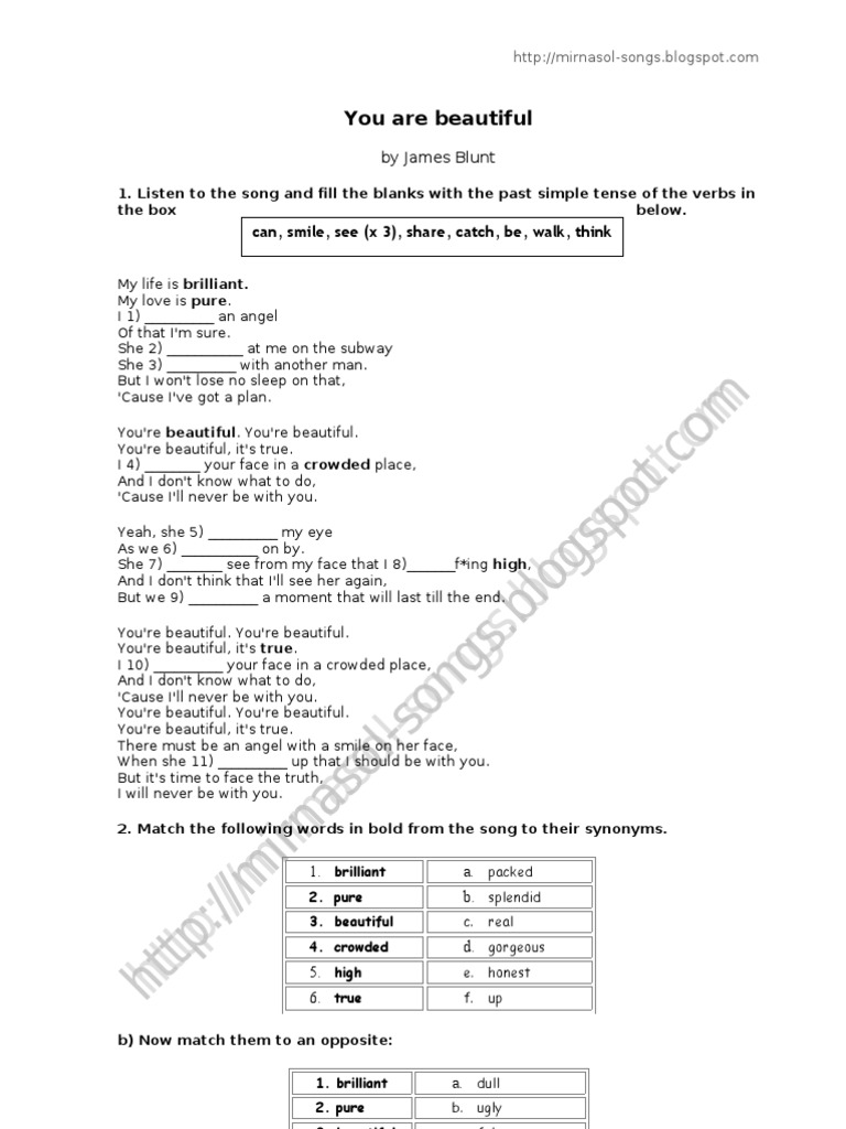 YOU ARE BEAUTIFUL by James Blunt Activities Song Plus Keys | PDF ...