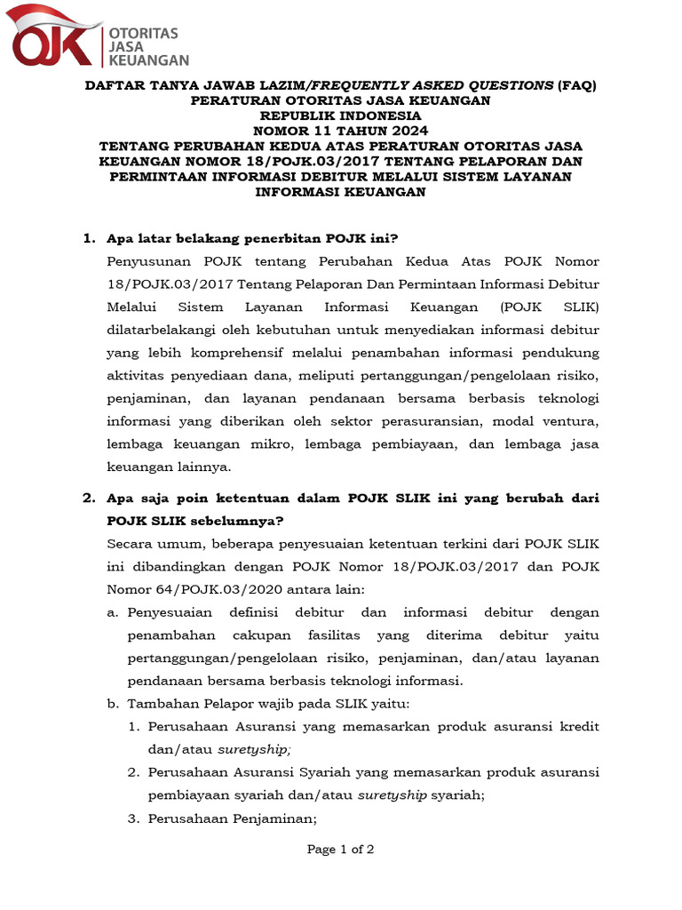 FAQ POJK 11 Tahun 2024 Pelaporan Dan Permintaan Informasi Debitur ...