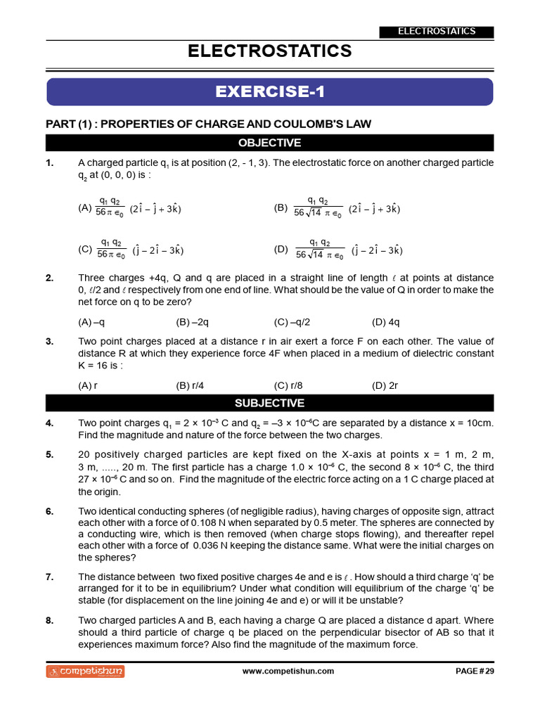 Essential Sheet Electrostatics Exercise-1 To 2 | PDF | Electric Field | Electrostatics