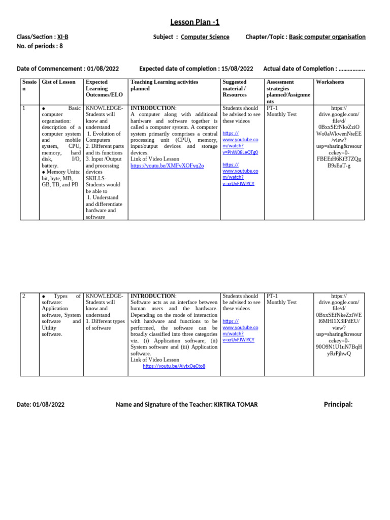 Lesson Plan - Computer Organisation | PDF | Software | Input/Output