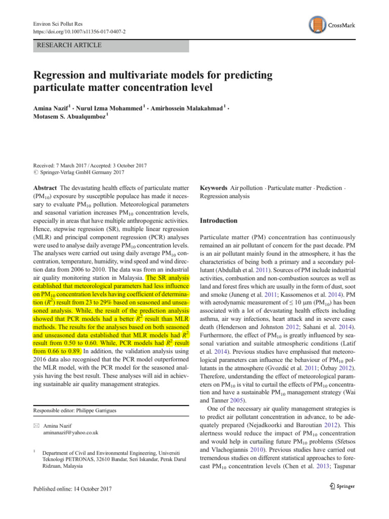 Regression and Multivariate Models For Predicting Particulate Matter Concentration Level | PDF ...