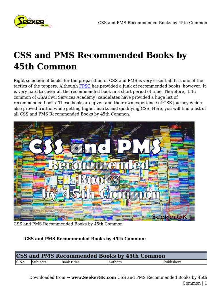 CSS and PMS Recommended Books by 45th Common | PDF | Pakistan