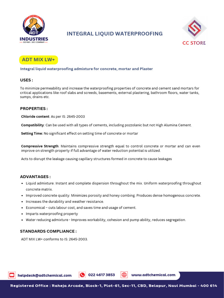 ADT MIX LW+: Advanced Waterproofing Admixture | PDF | Concrete | Mortar ...