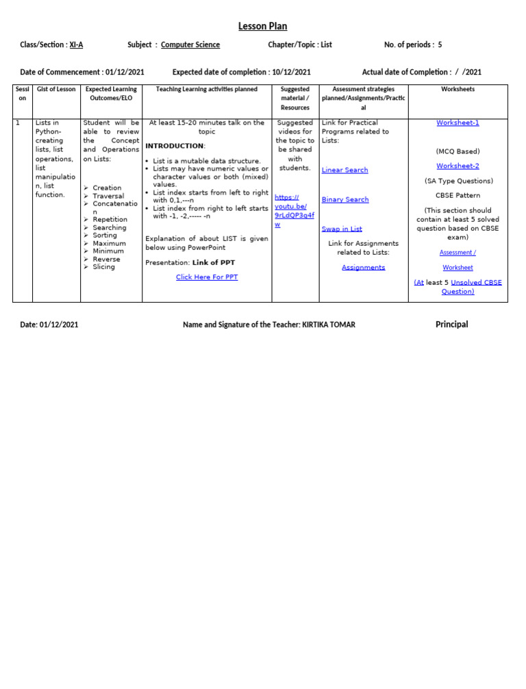 Lesson Plan - LIST | PDF | Lesson Plan | Learning