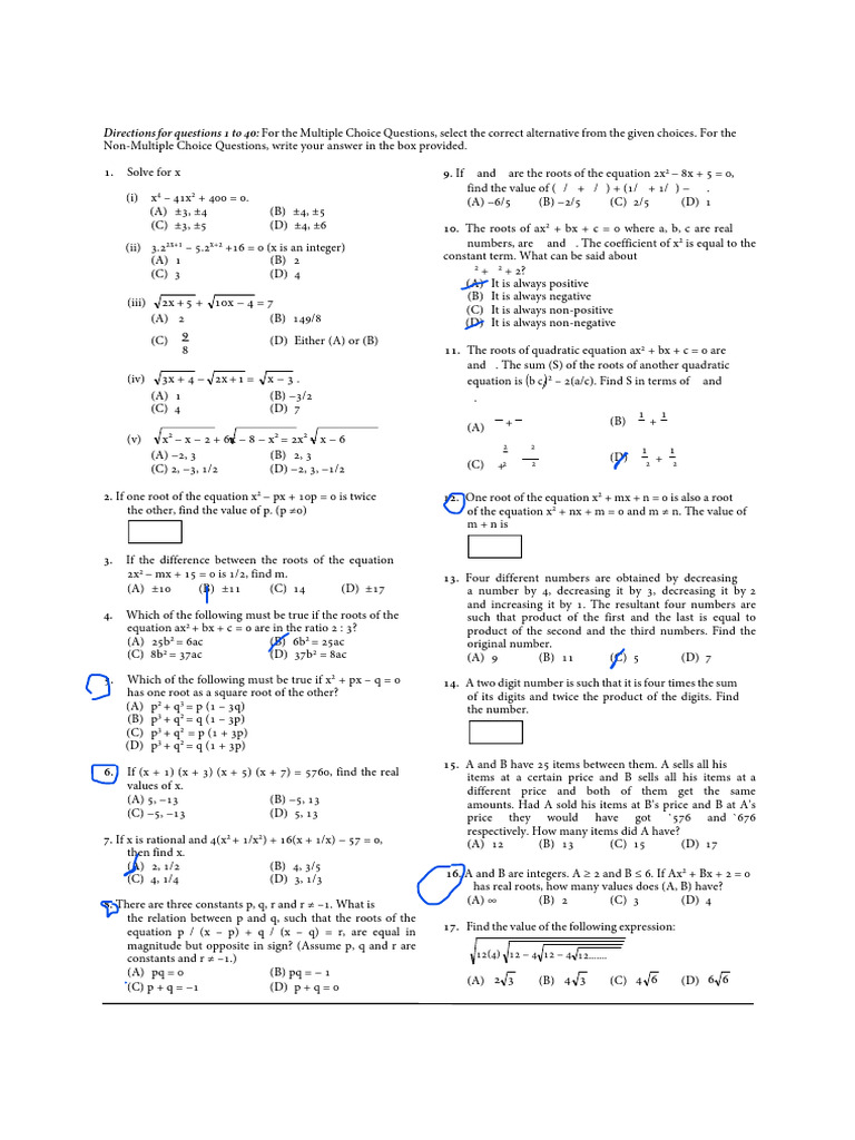 QE Sheet 1 | PDF | Quadratic Equation | Equations