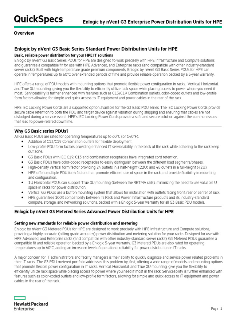 Enlogic by Nvent G3 Enterprise Power Distribution Units For HPE ...