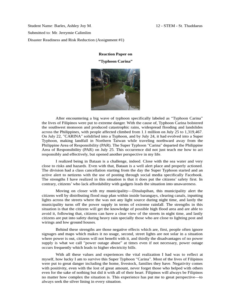 DRRR (Assignment #1) | PDF | Typhoon | Flood