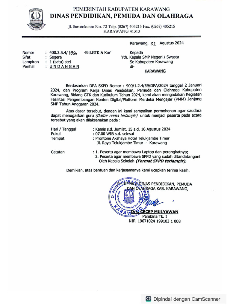 Surat Undangan Kegiatan PMM Jenjang SMP | PDF