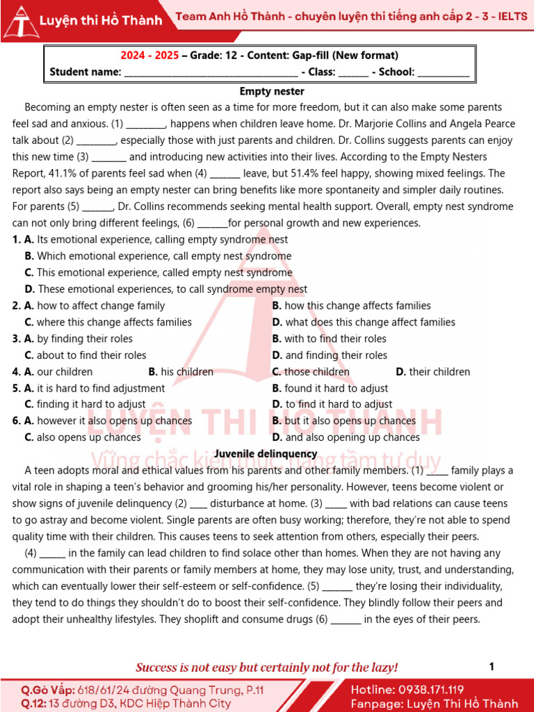 g12 Gap Fill Newformat Handout | PDF | Adolescence | Experience