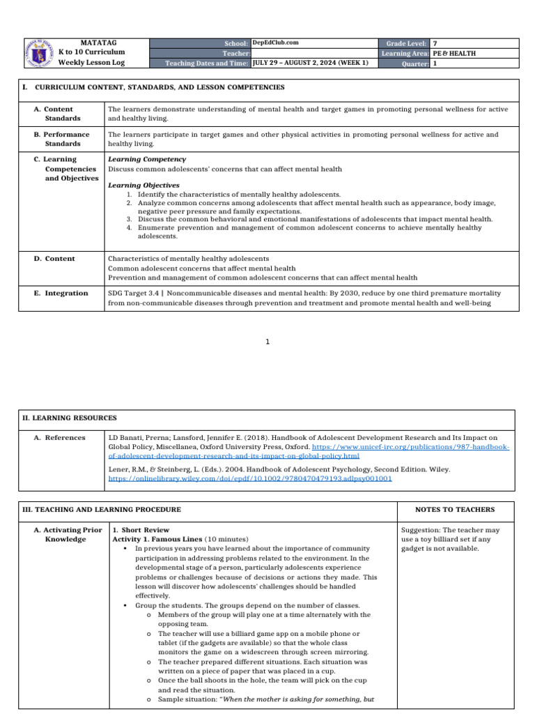 DLL Matatag - Pe&health 7 q1 w1 | PDF | Adolescence | Psychological Resilience