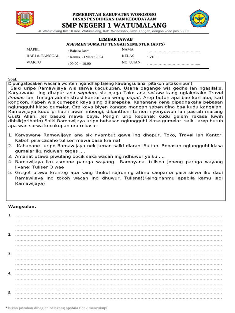 Bahasa Jawa 7 Asts 2023-2024 Genap | PDF