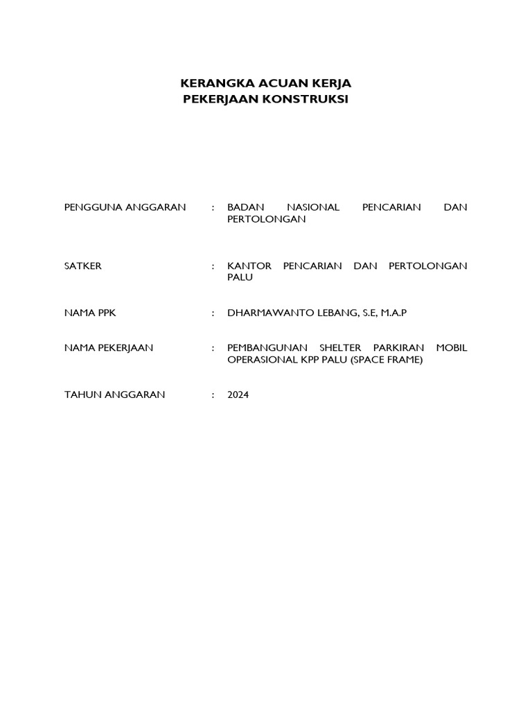 KAK Pembangunan Shelter Parkiran Kendaraan Operasional KPP Palu | PDF | Teknologi & Rekayasa