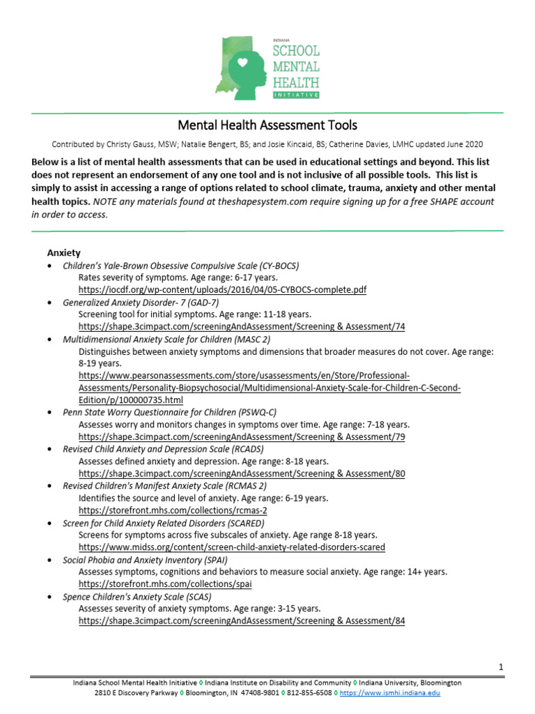 School Mental Health Assessment Tools | PDF | Mental Disorder ...