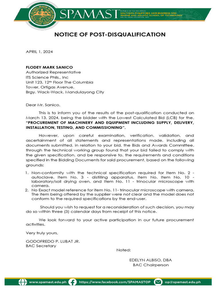 Notice of Post-Disqualification: Flodey Mark Sanico | PDF