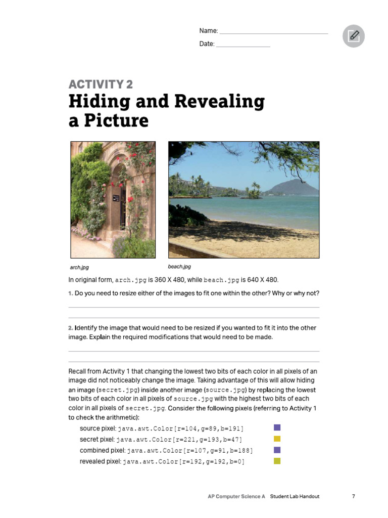 APCSA Steganography Lab A2 | PDF | Pixel | Iteration APCSA Steganography Lab A2 | PDF | Pixel | Iteration